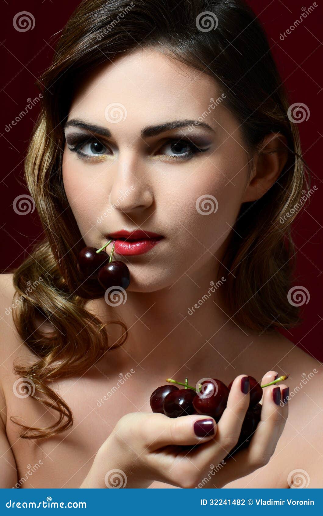 Beautiful Woman With Sweet Cherry Stock Photo - Image of enjoy, lips ...