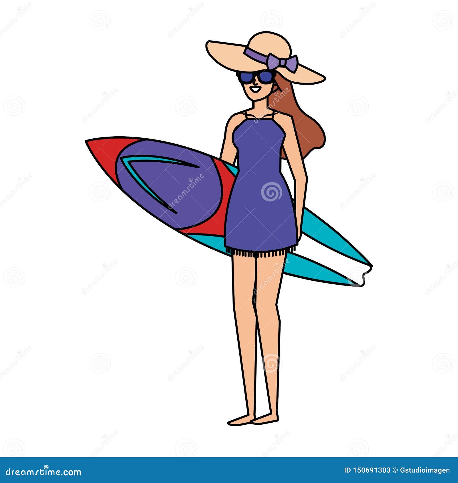 Beautiful Woman With Swimsuit And Surfboard Stock Illustration
