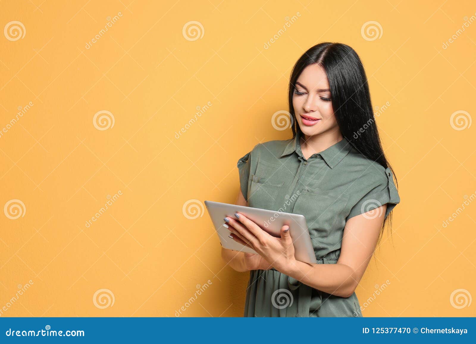 Beautiful Woman with Tablet Stock Photo - Image of dress, brunette ...