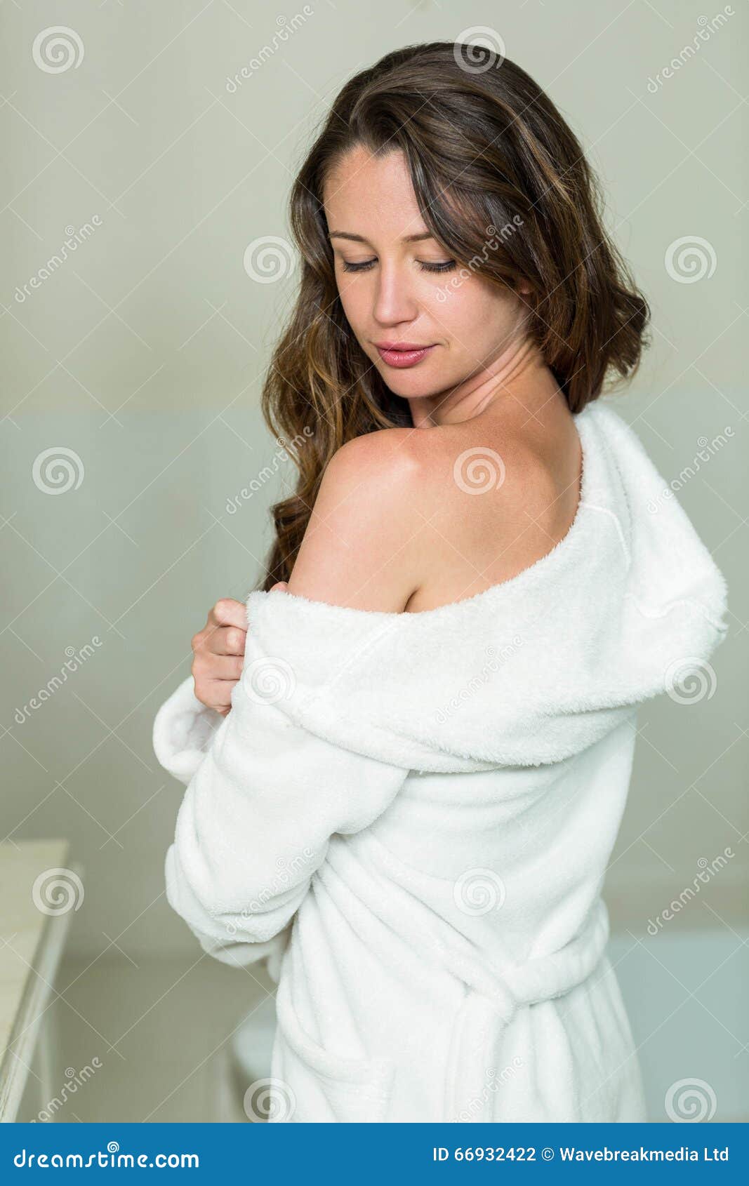 Beautiful Woman Taking Off Her Bathrobe Stock Photo - Image of bathroom ...