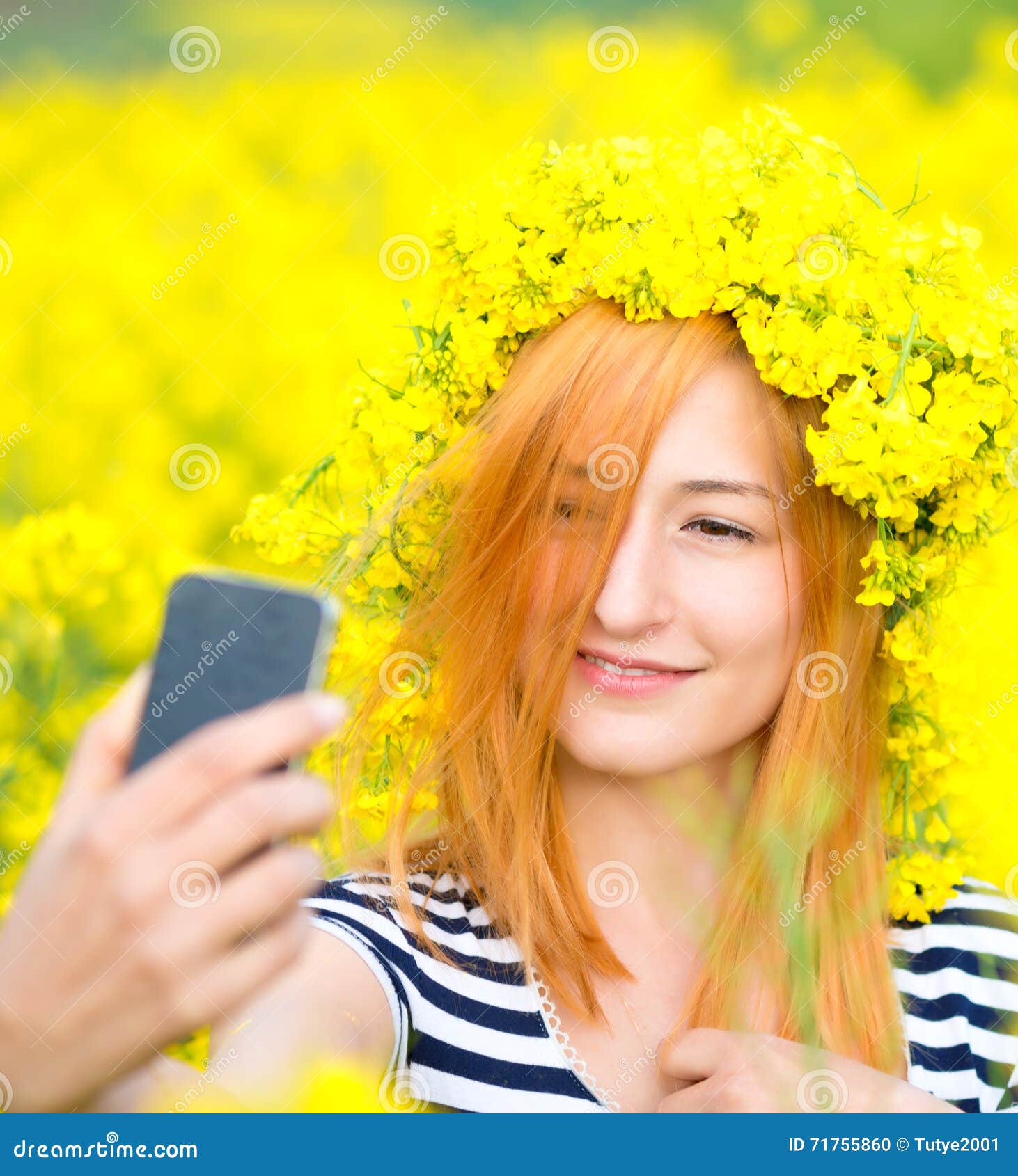 Beautiful Woman Taking Selfie Picture Of Herself In Yellow Field With