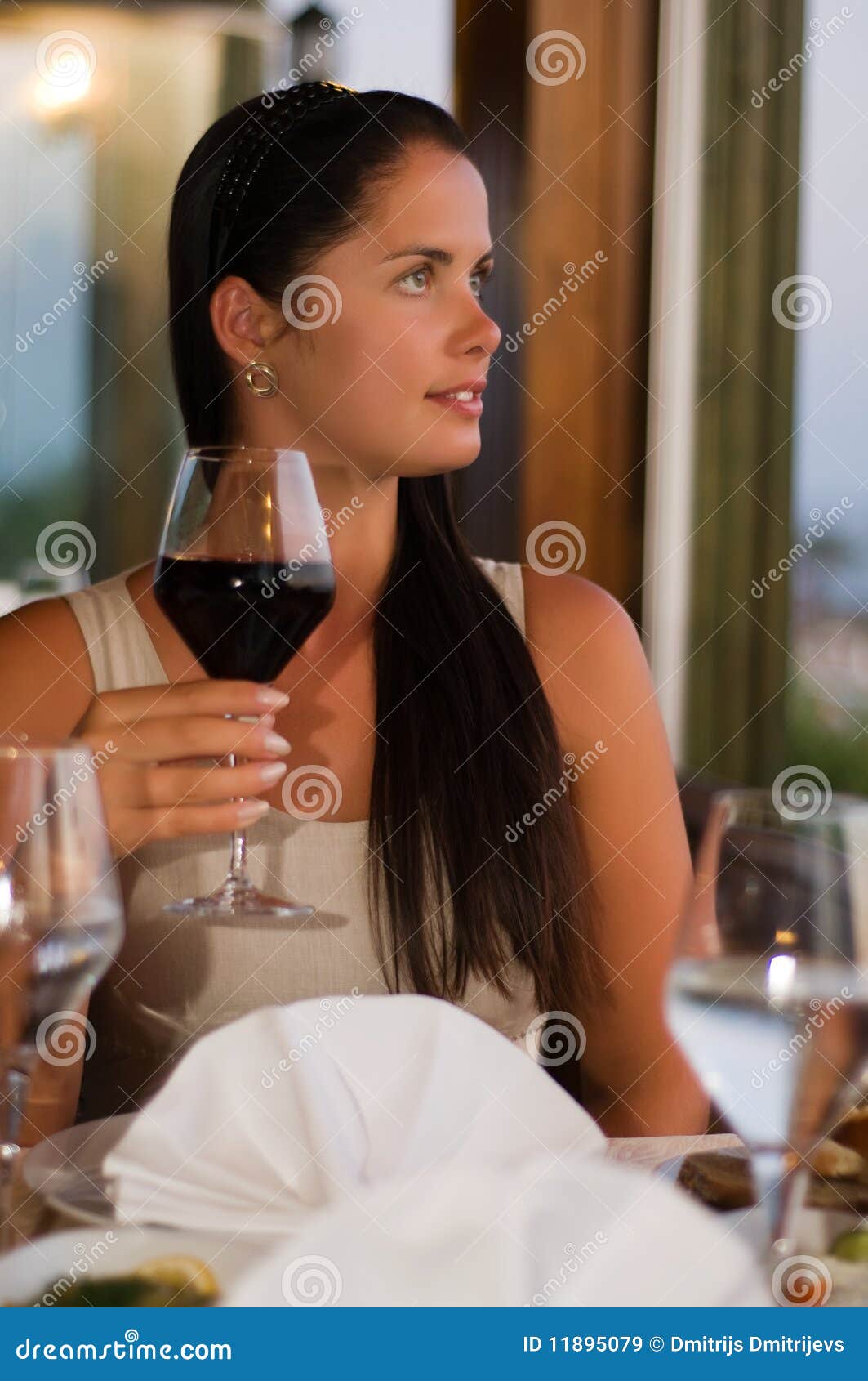 Beautiful Woman Tasting Red Wine at Restaurant Stock Image - Image of ...