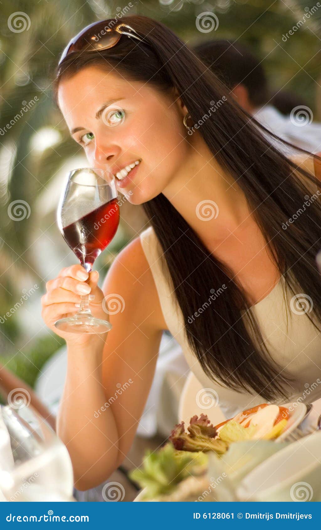 Beautiful Woman Tasting Red Wine at Restaurant Stock Image - Image of ...