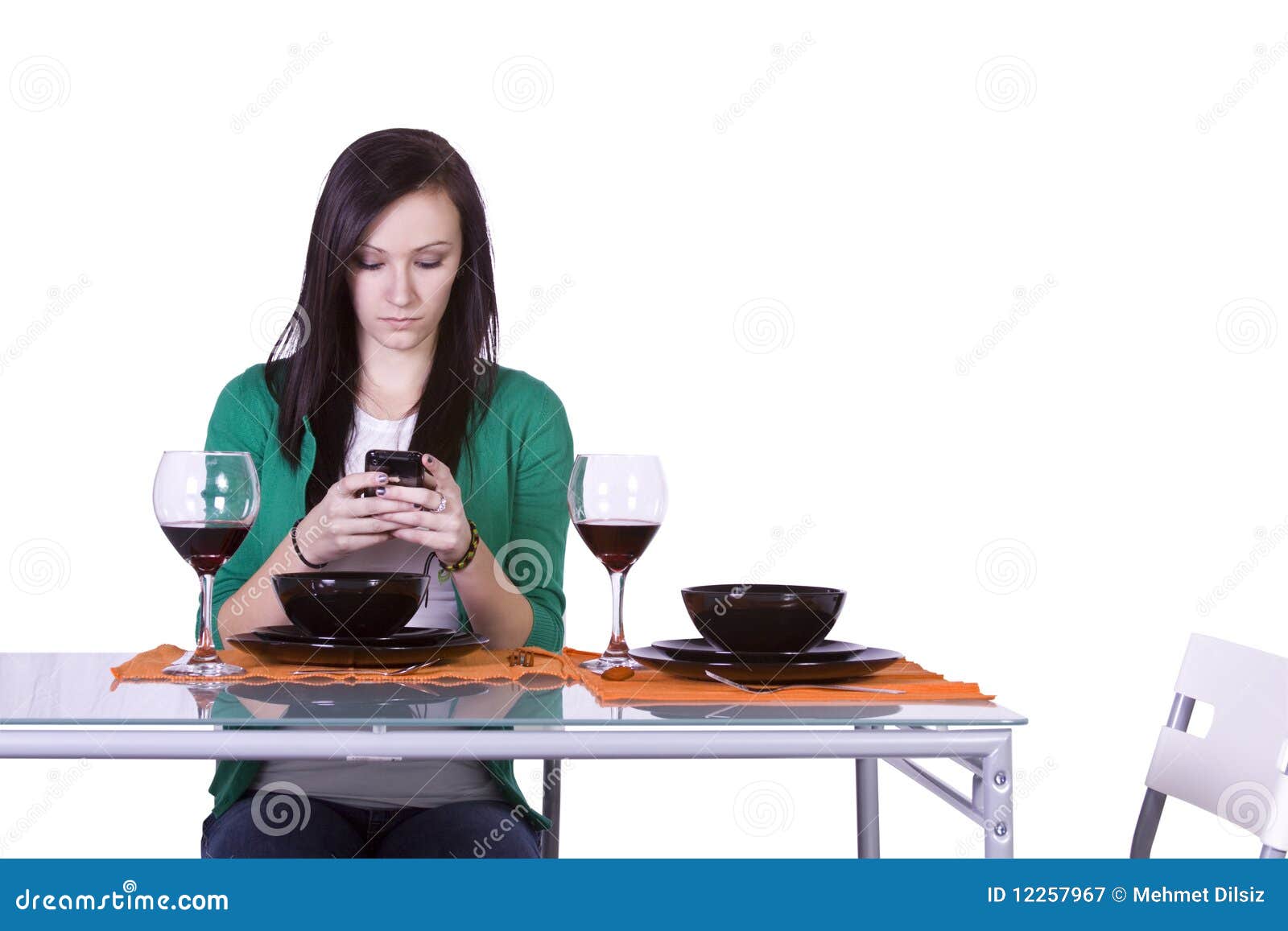 Beautiful Woman Texting at the Table Stock Image - Image of diet, fork ...