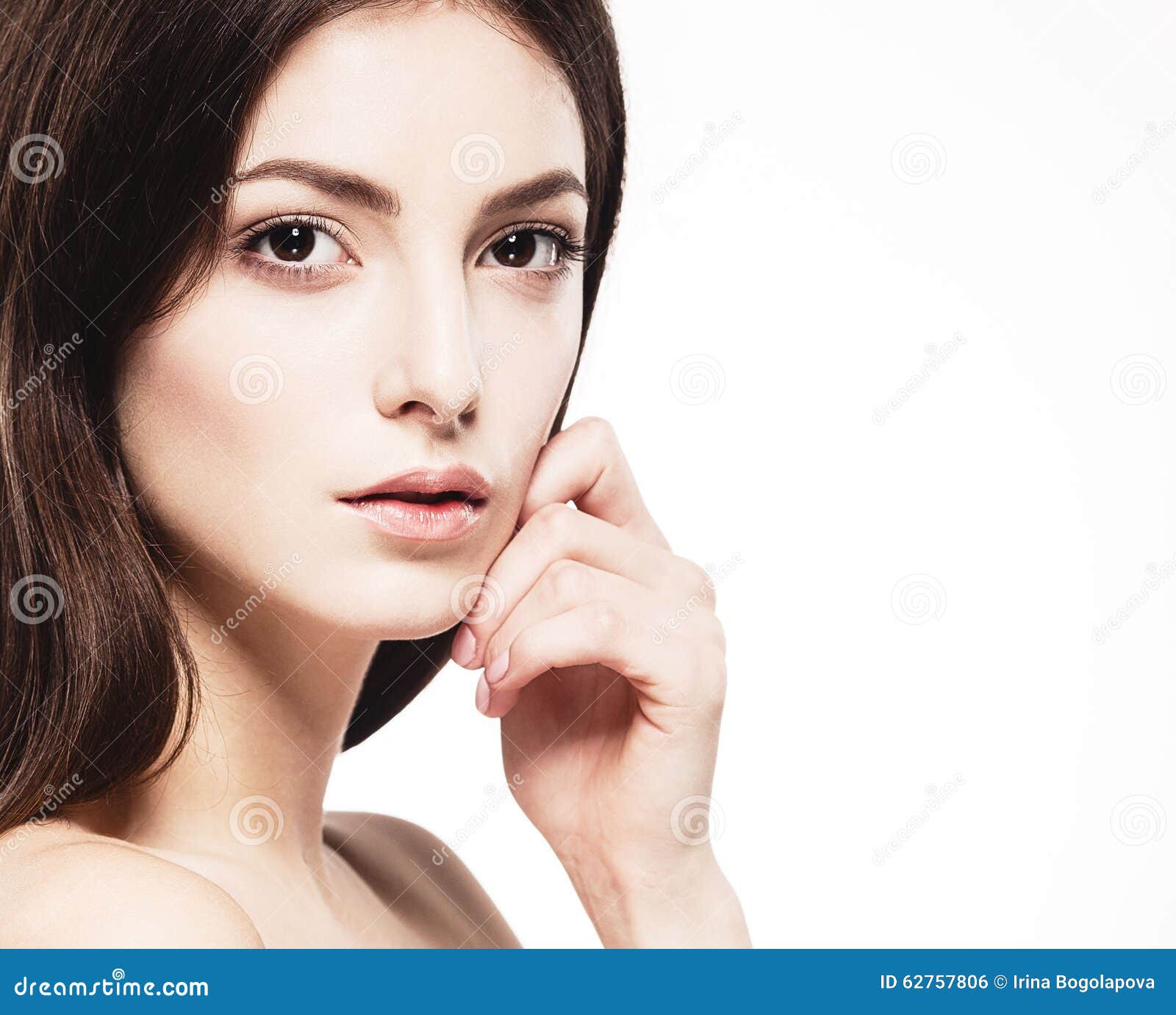 Beautiful Woman Touching Her Face By Fingers Close Up Portrait Isolated