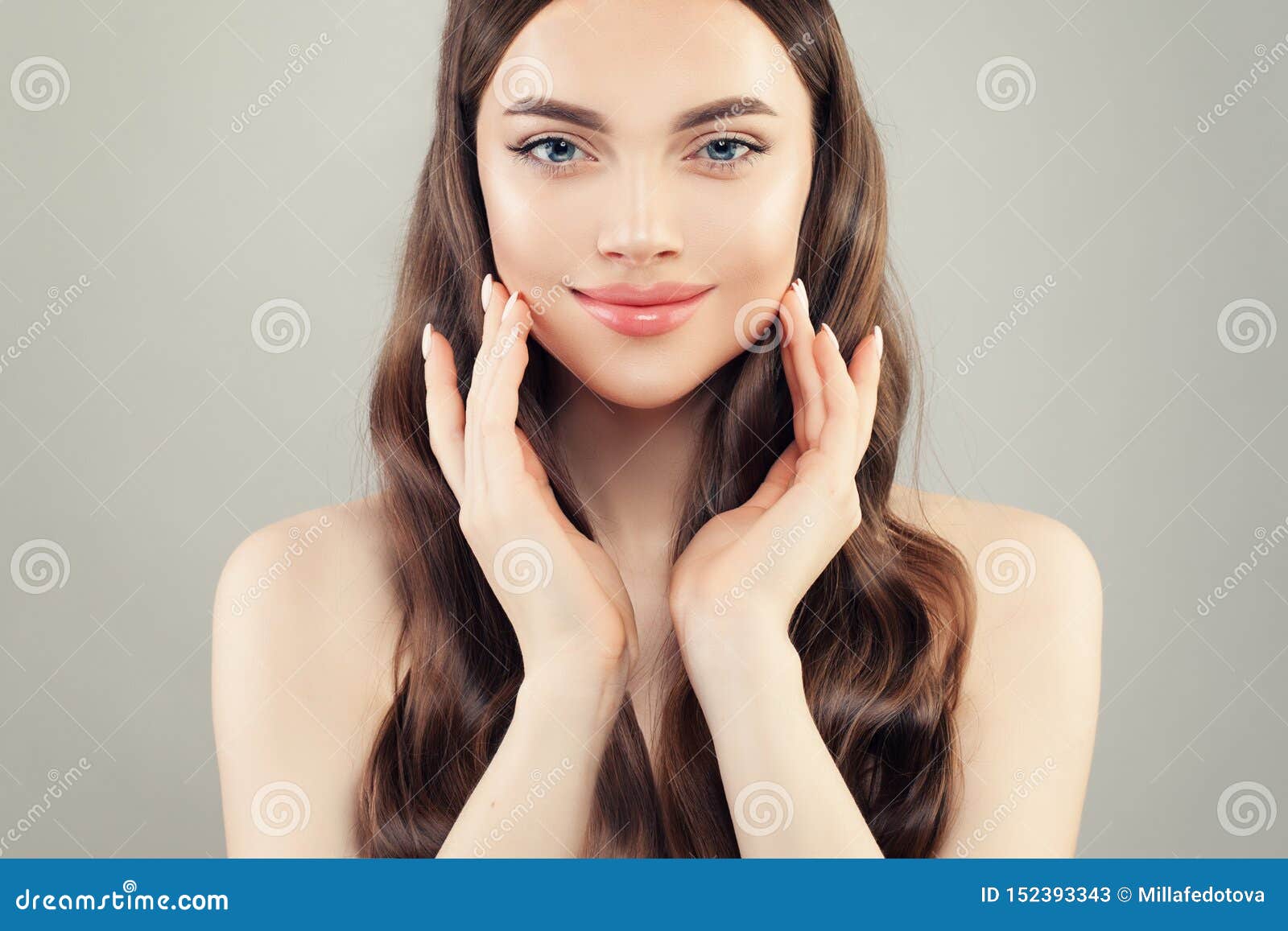 Beautiful Woman Touching Her Hand Her Cheeks Pretty Face Closeup Stock