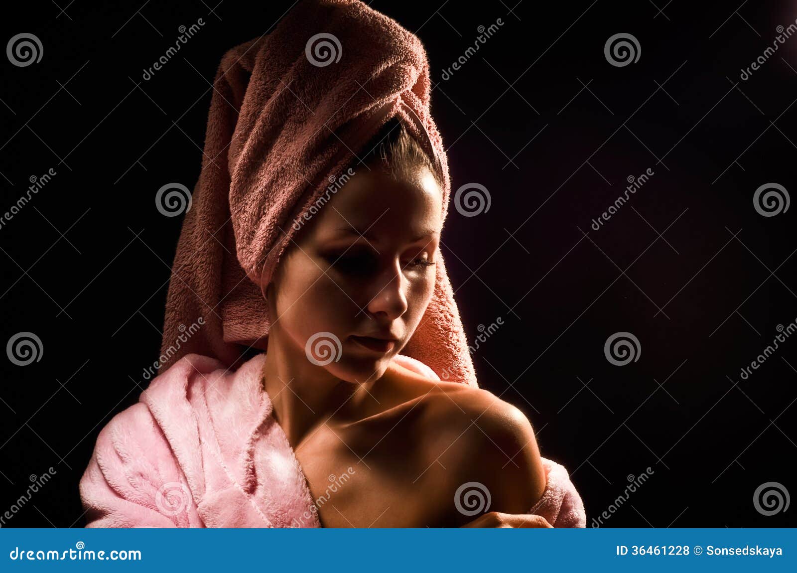 Beautiful Woman with Towel on Head Stock Photo - Image of pink, bath ...