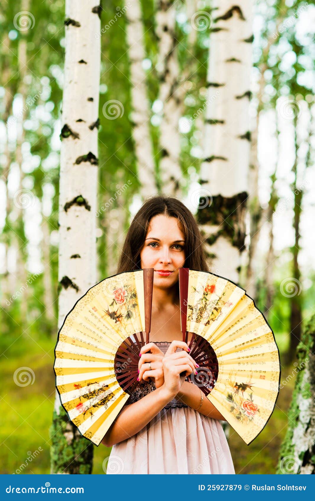 Beautiful Woman with Two Fans Stock Image - Image of brunette, closed ...