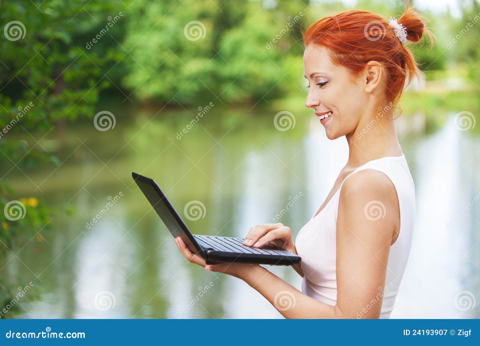 Beautiful Woman Typing on Laptop Stock Image - Image of lake ...
