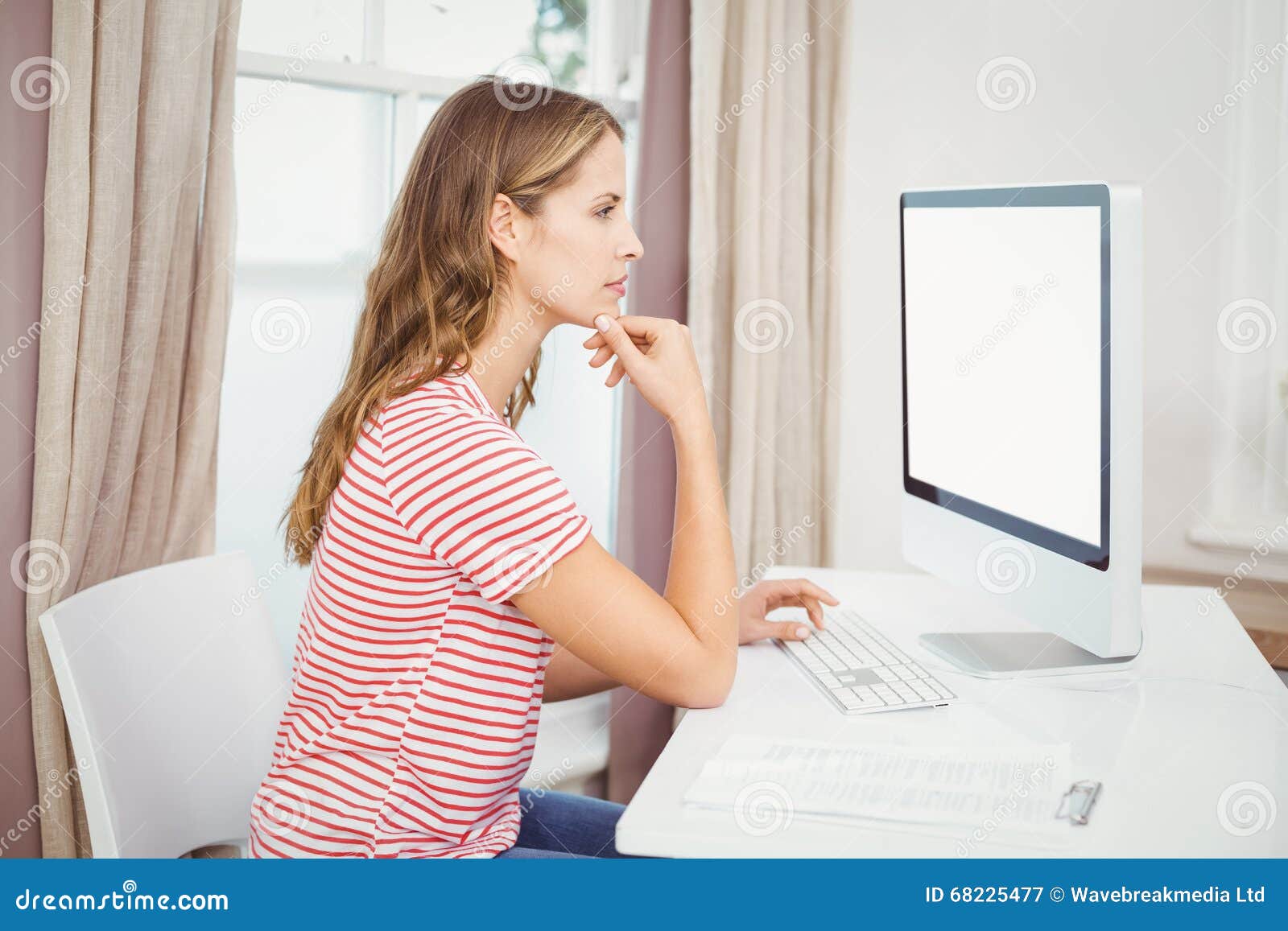 Beautiful Woman Using Computer at Home Stock Image - Image of ...