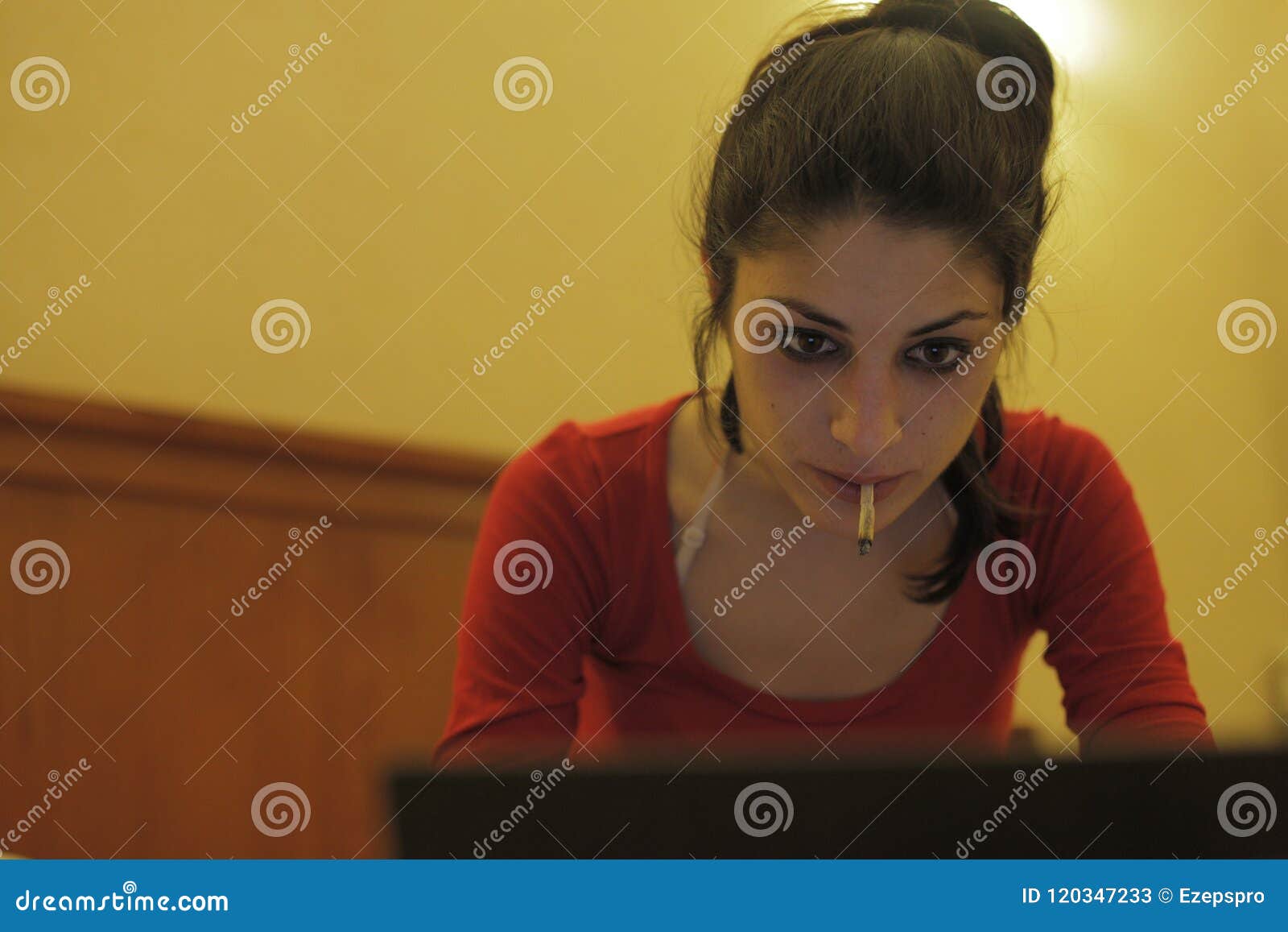 Beautiful Woman Using Computer and Smoking Stock Image - Image of adult ...
