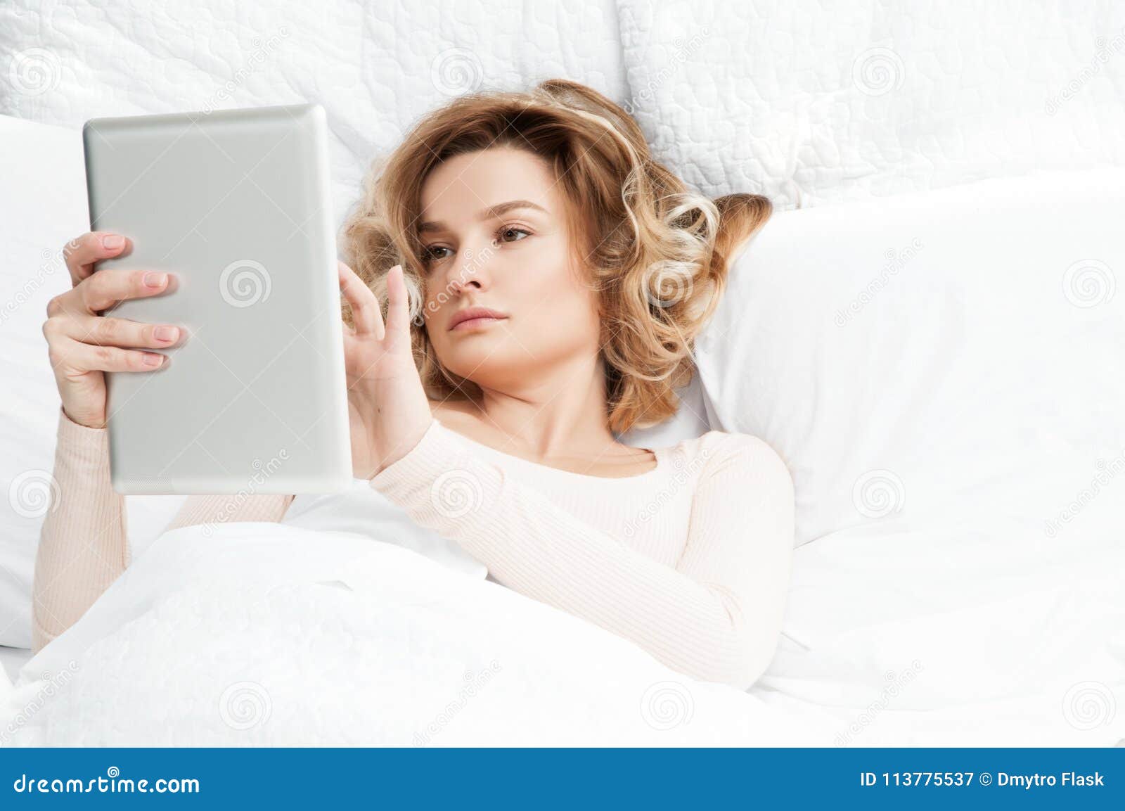 Beautiful Woman with Tablet in Bed Stock Image - Image of home, female ...