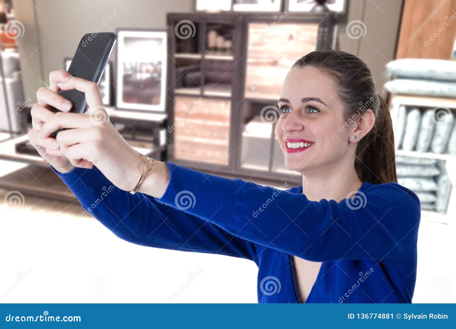 Beautiful Woman Using Smart Phone in Home Selfie Stock Image - Image of ...