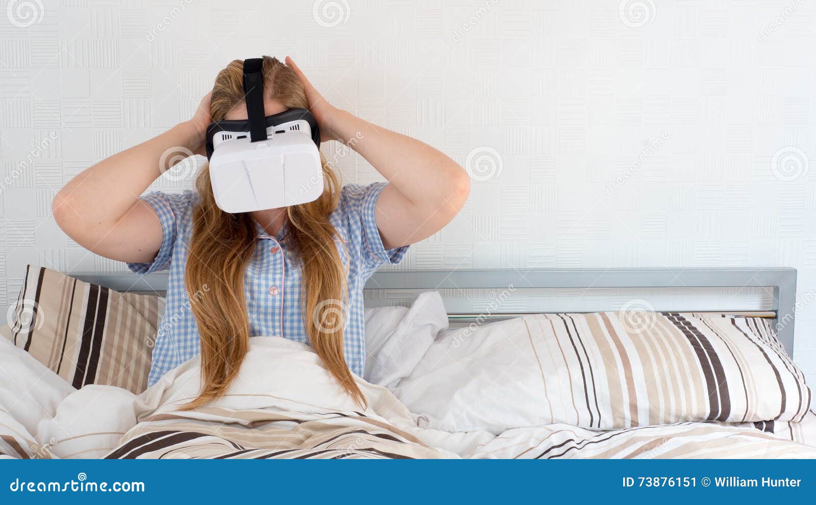 Beautiful Woman Using VR Headset in Bed Stock Image - Image of looking ...