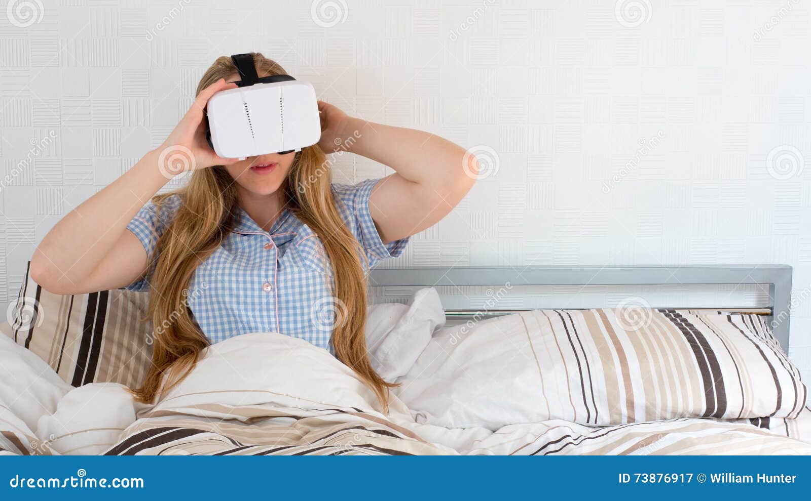 Beautiful Woman Using VR Headset in Bed Stock Image - Image of gear ...
