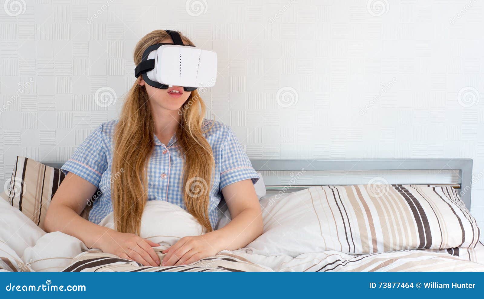 Beautiful Woman Using VR Headset in Bed Stock Photo - Image of gaming ...