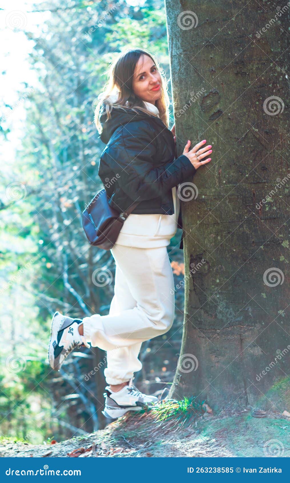 Beautiful Woman on a Walk in the Mountains in the Forest. Stock Image ...