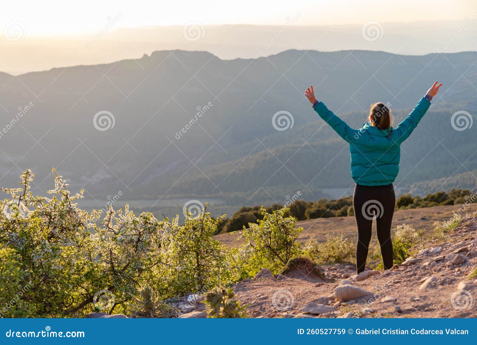Beautiful Woman Walking on a Path during Sunset Hands Up Stock Image ...