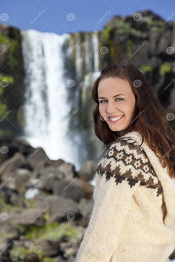 Beautiful Woman by a Waterfall Stock Photo - Image of smiling, happy ...