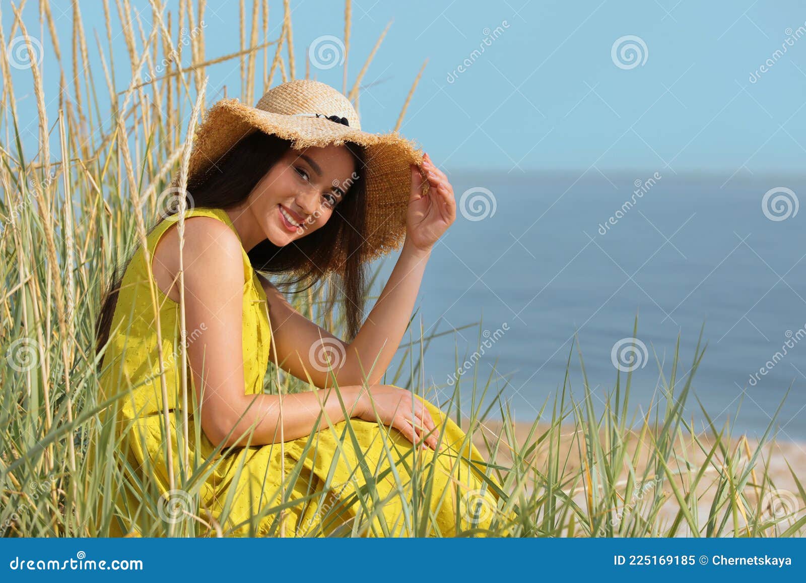 Beautiful Woman Wearing Straw Hat On Beach Stylish Headdress Stock