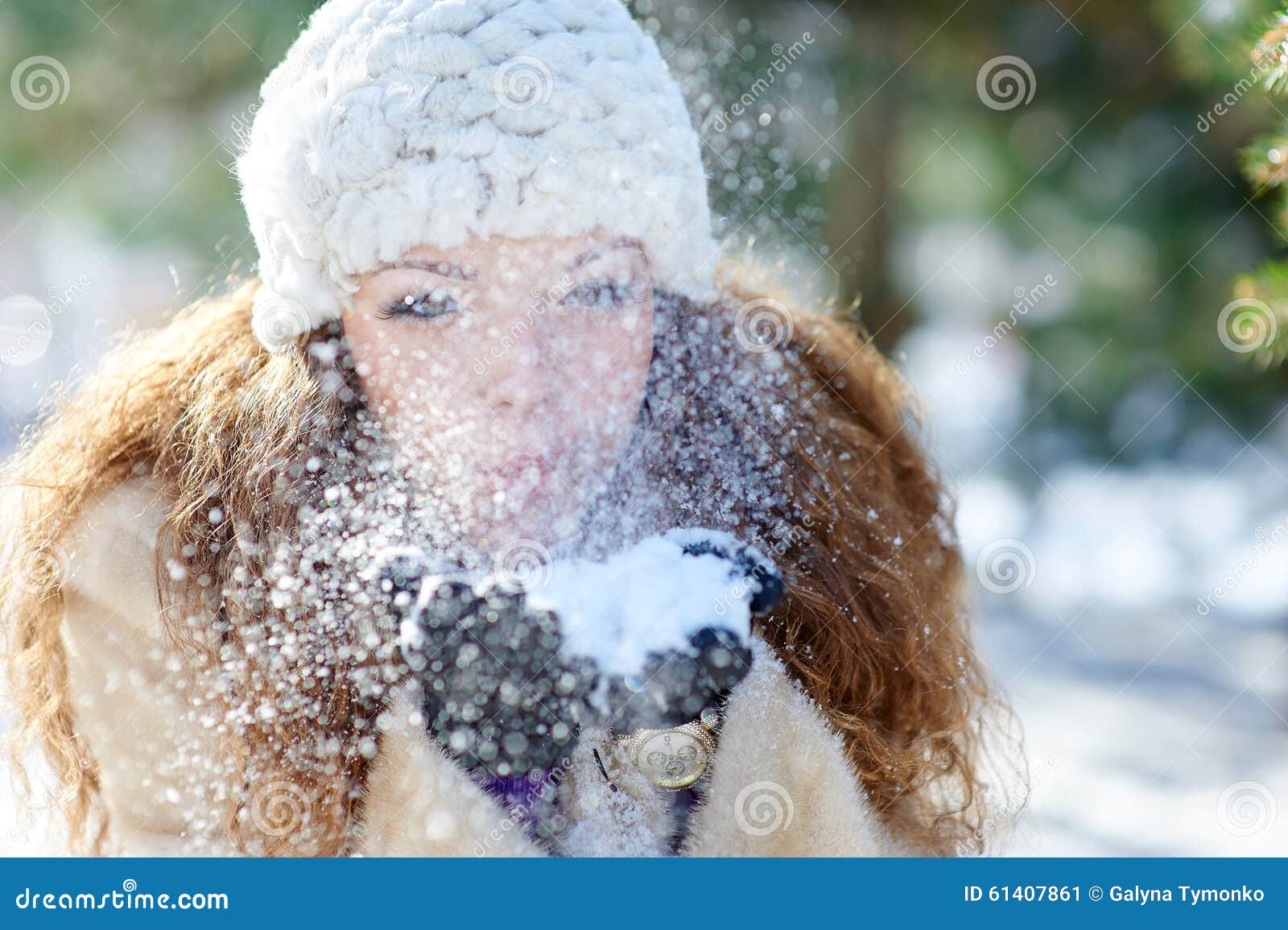 Beautiful Woman in Winter Blows Snow with Hands Stock Image - Image of ...