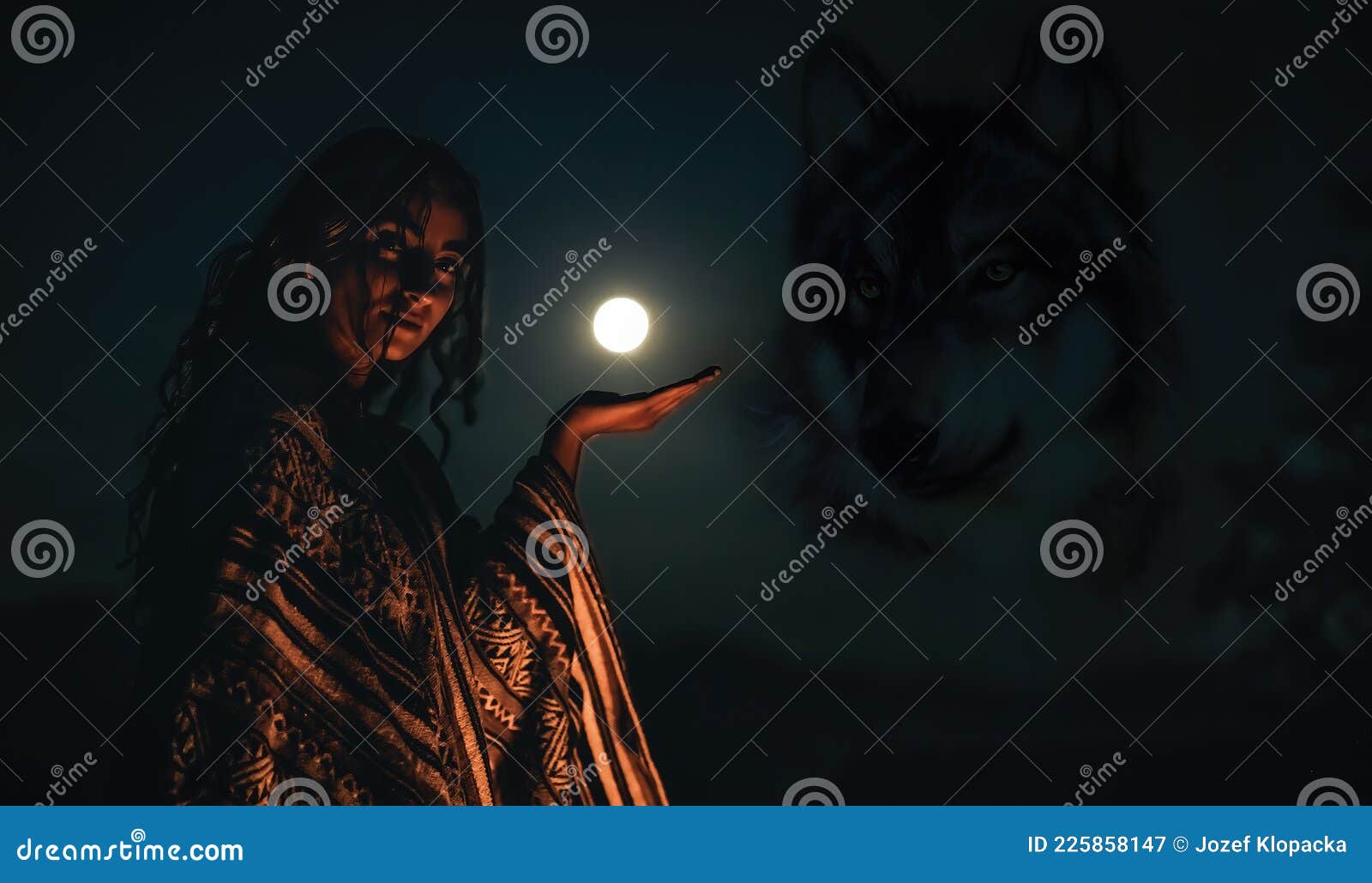 Beautiful Woman and Wolf at the Moon. Stock Image - Image of animal ...