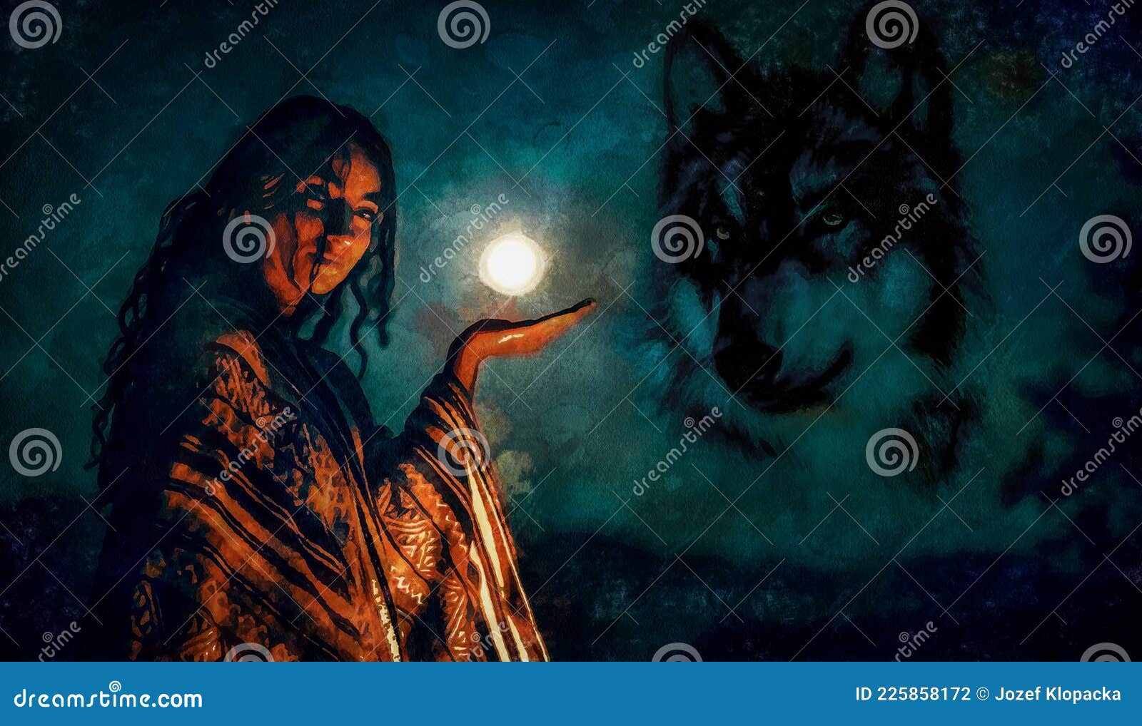 Beautiful Woman and Wolf at the Moon. Stock Photo - Image of individual ...