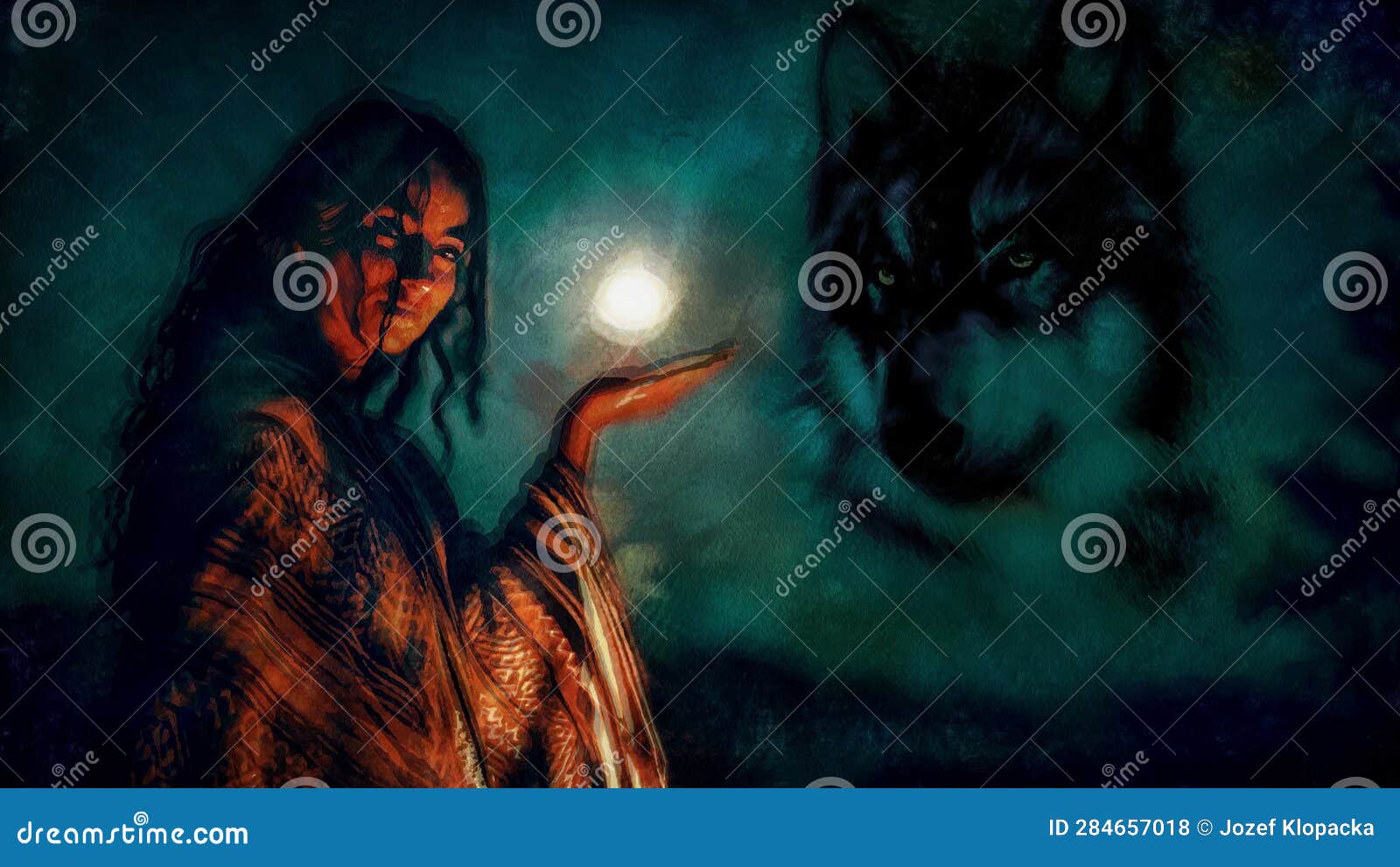 Beautiful Woman and Wolf at the Moon. Loop Animation. Stock Footage ...