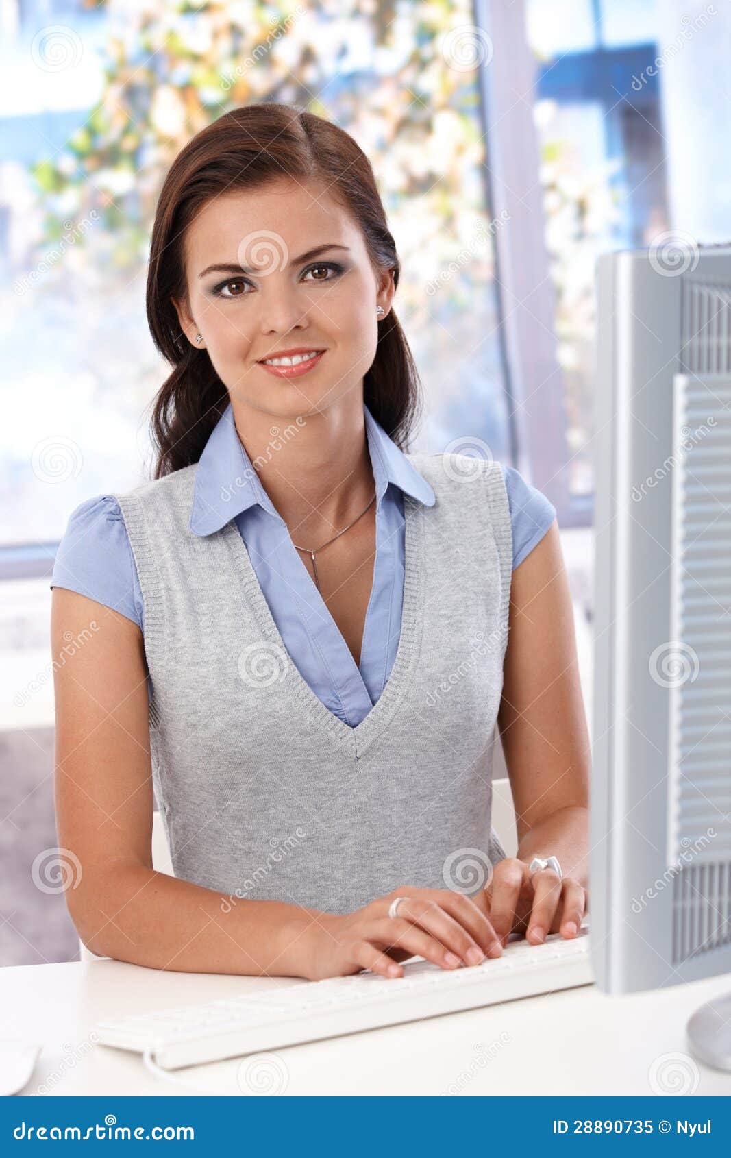 Beautiful Woman Working at Desk Smiling Stock Image - Image of clothing ... Beautiful Woman Working at Desk Smiling Stock Image - Image of clothing ...