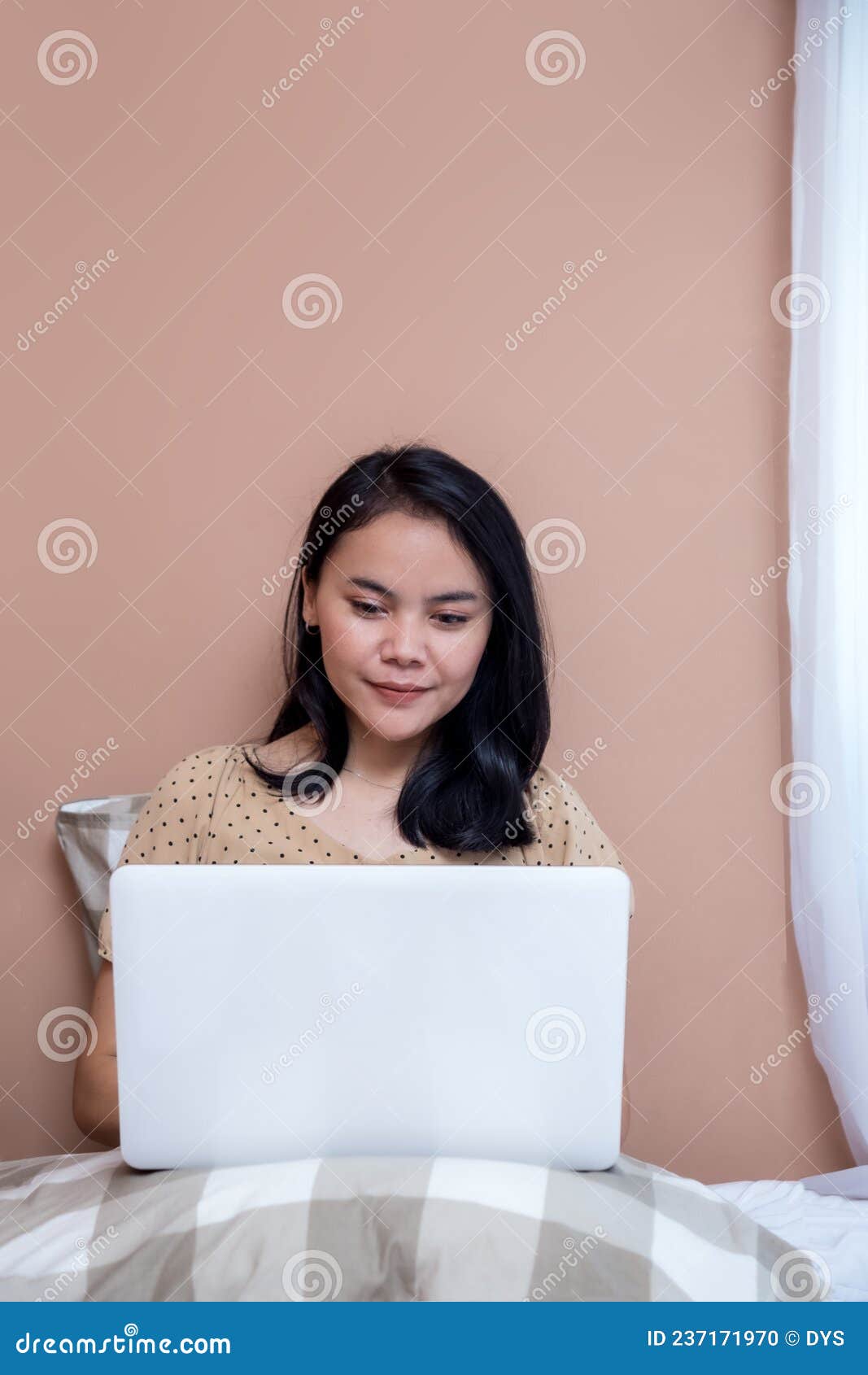 Beautiful Woman Working with Laptop in Bed Stock Photo - Image of ...