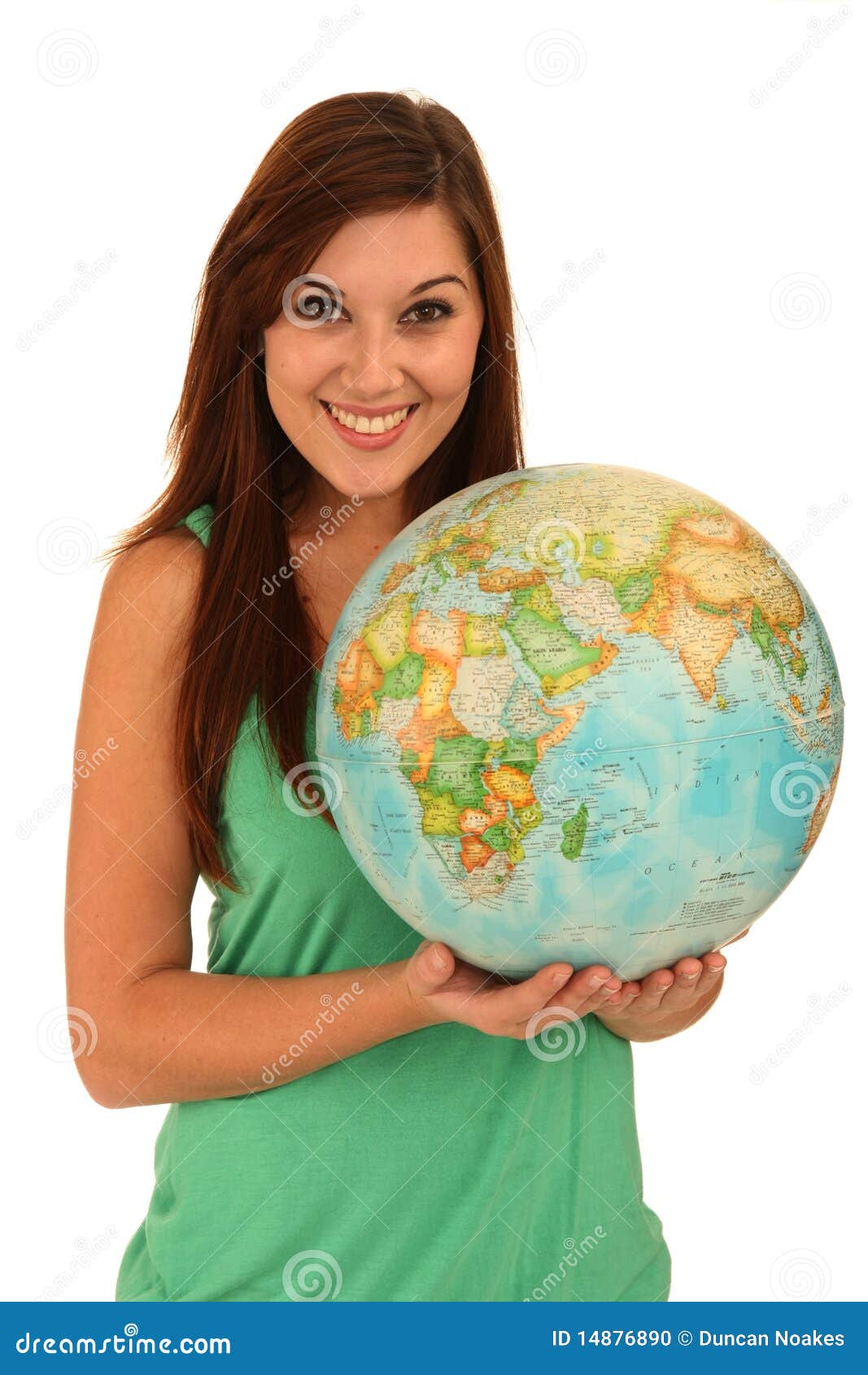 Beautiful Woman with World Globe Stock Photo - Image of fingers ...