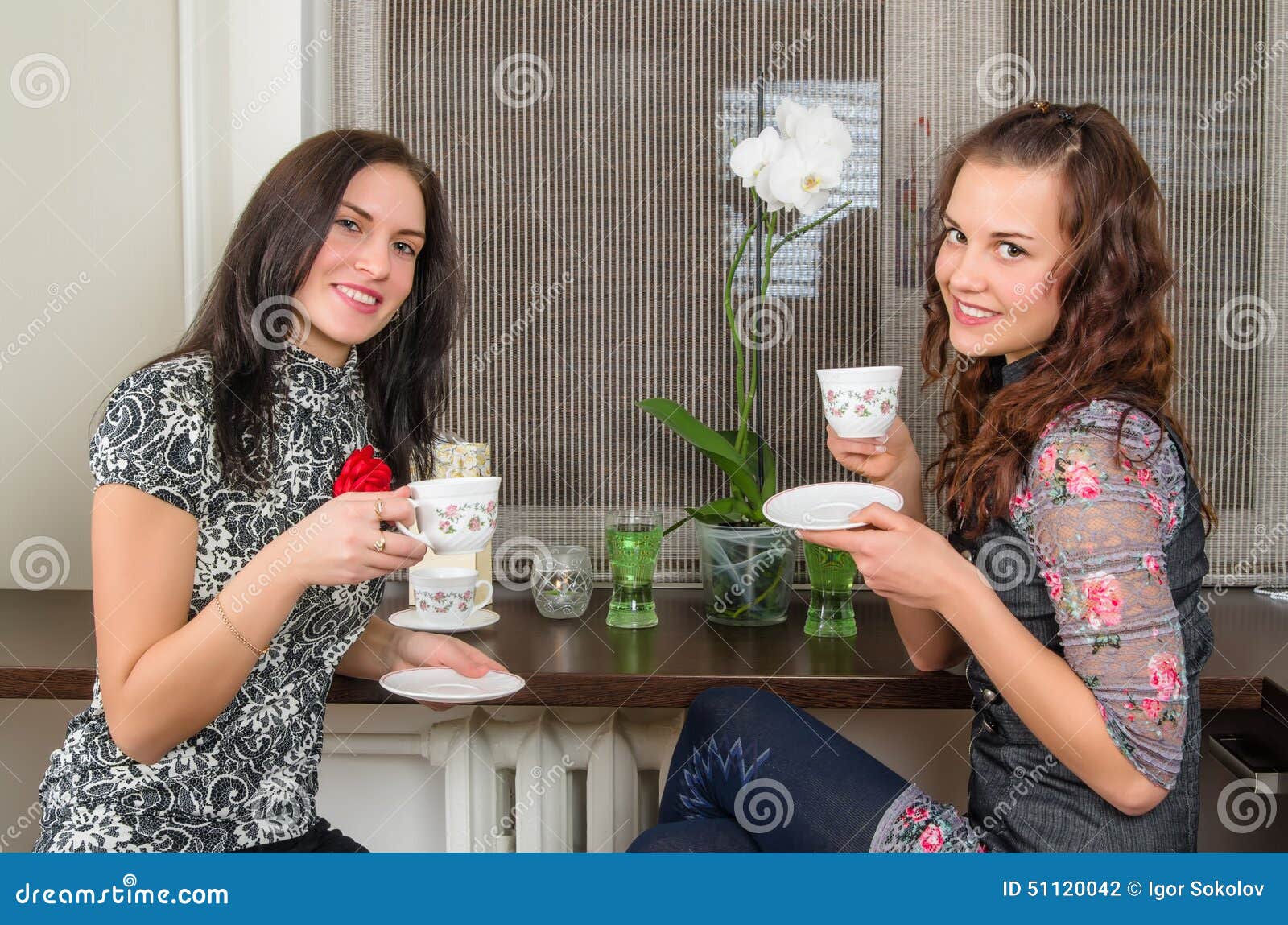 Beautiful Women Drink Tea and Chat Homes Stock Photo - Image of ...
