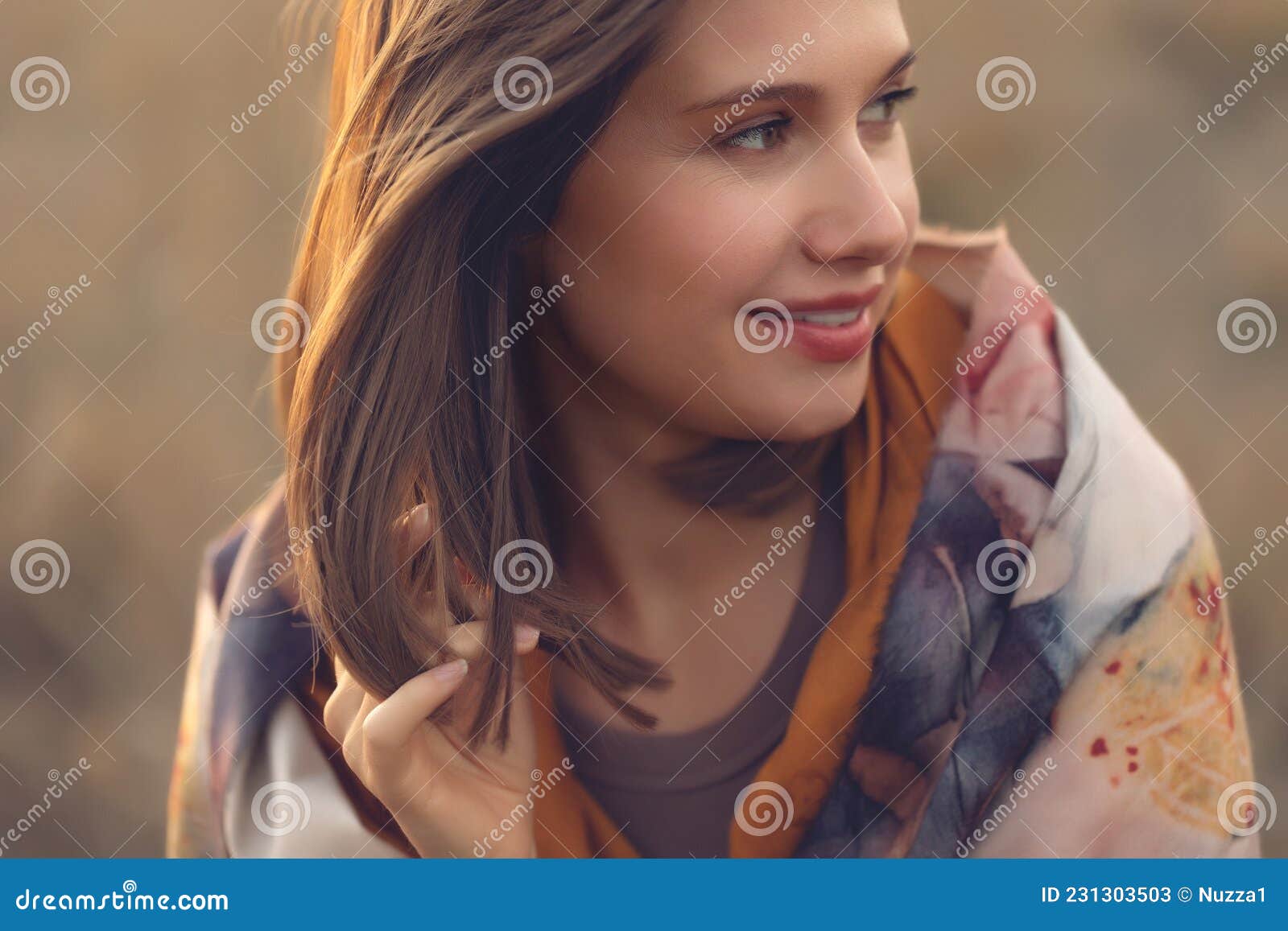 Beautiful Women Portrait Of A Young Attractive Girl At Sunset Stock