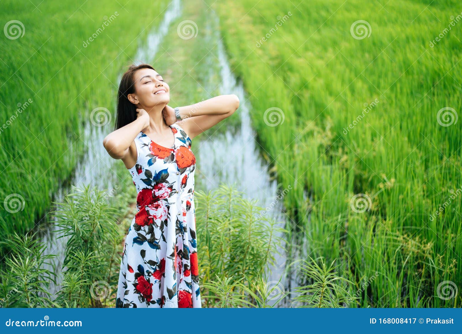 Beautiful Women Walk Happily on the Meadow Stock Image - Image of ...