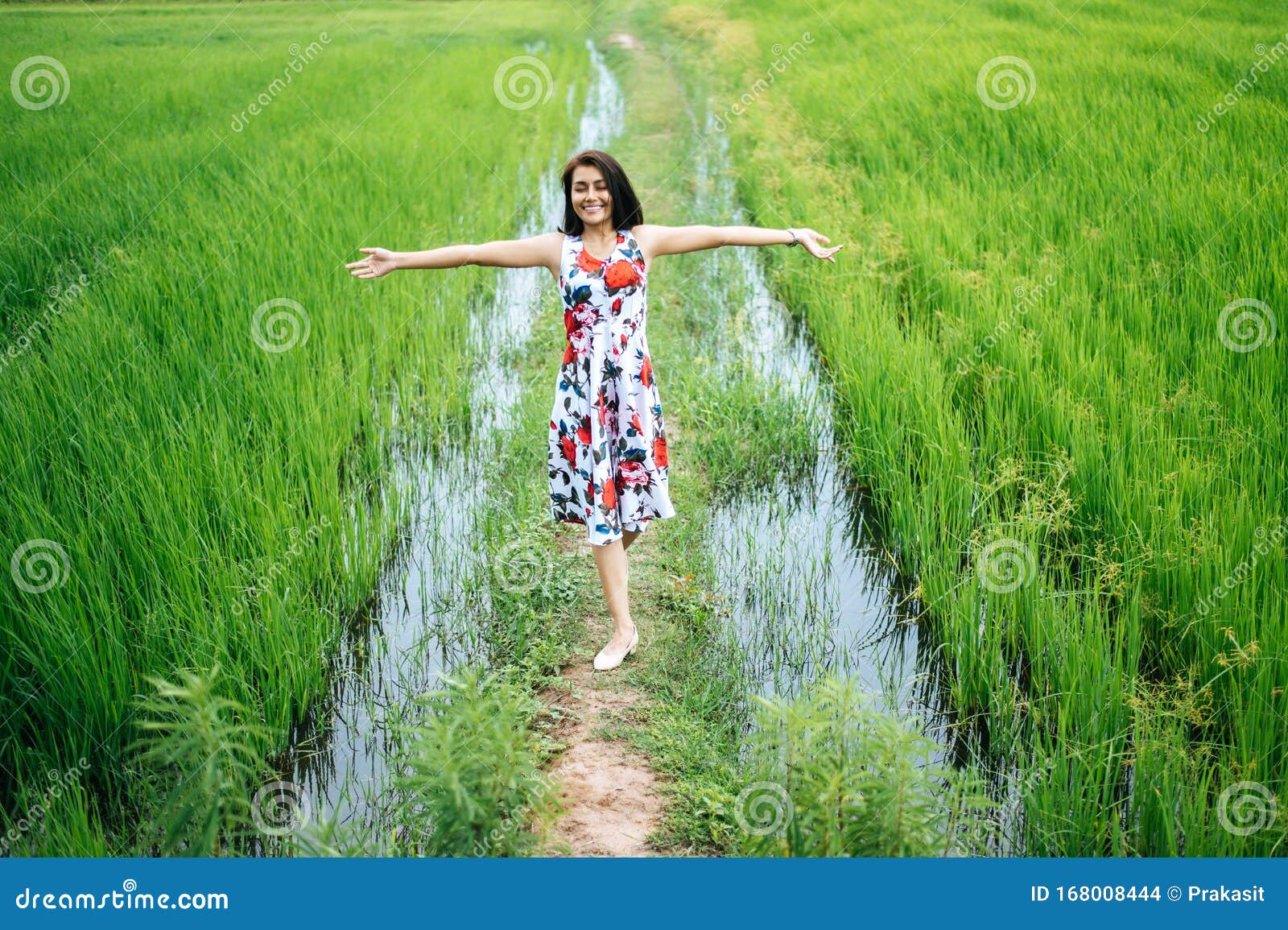 Beautiful Women Walk Happily on the Meadow Stock Photo - Image of ...