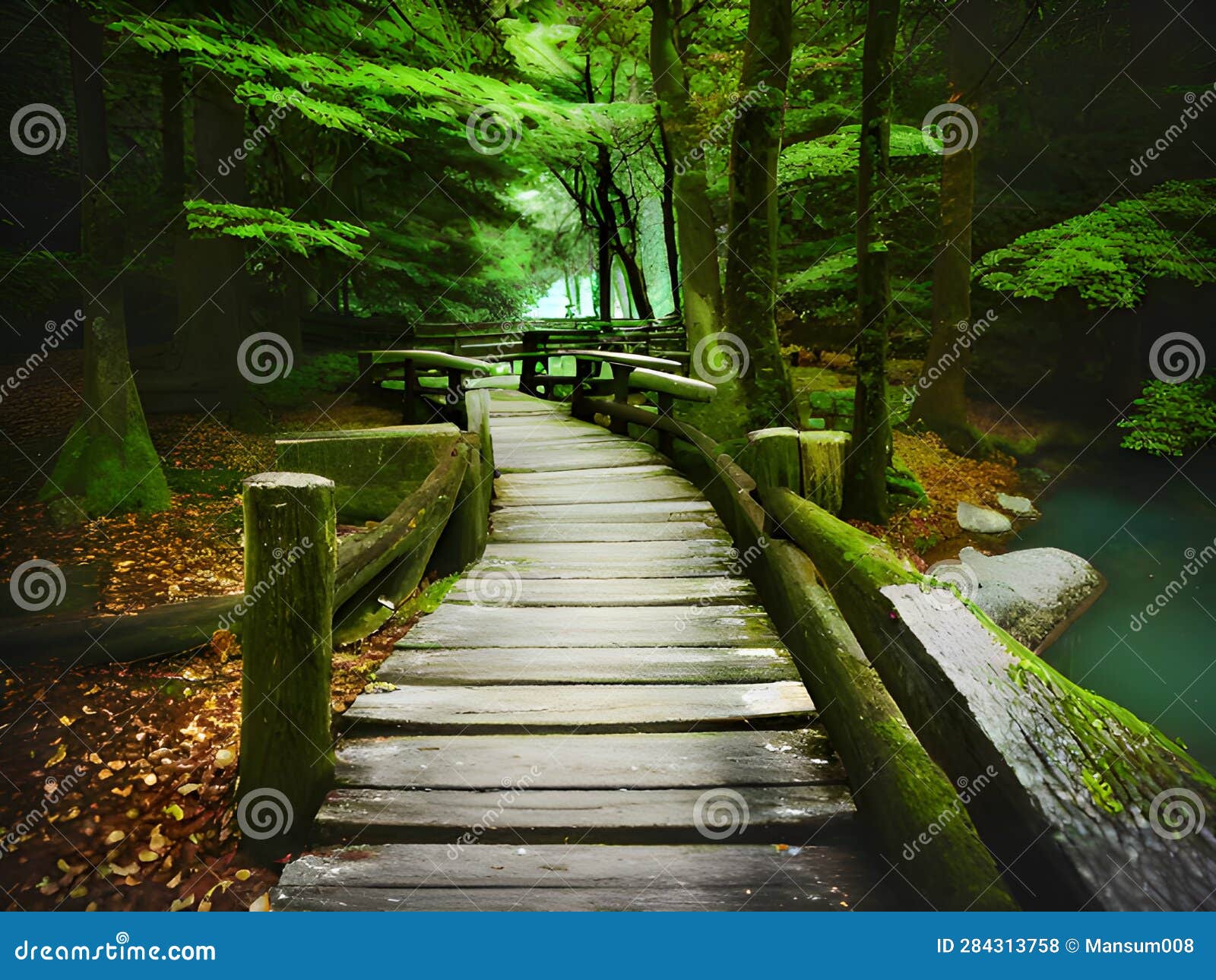 Beautiful Wooden Path with a Bridge in the Forest, Ai Generated Stock ...