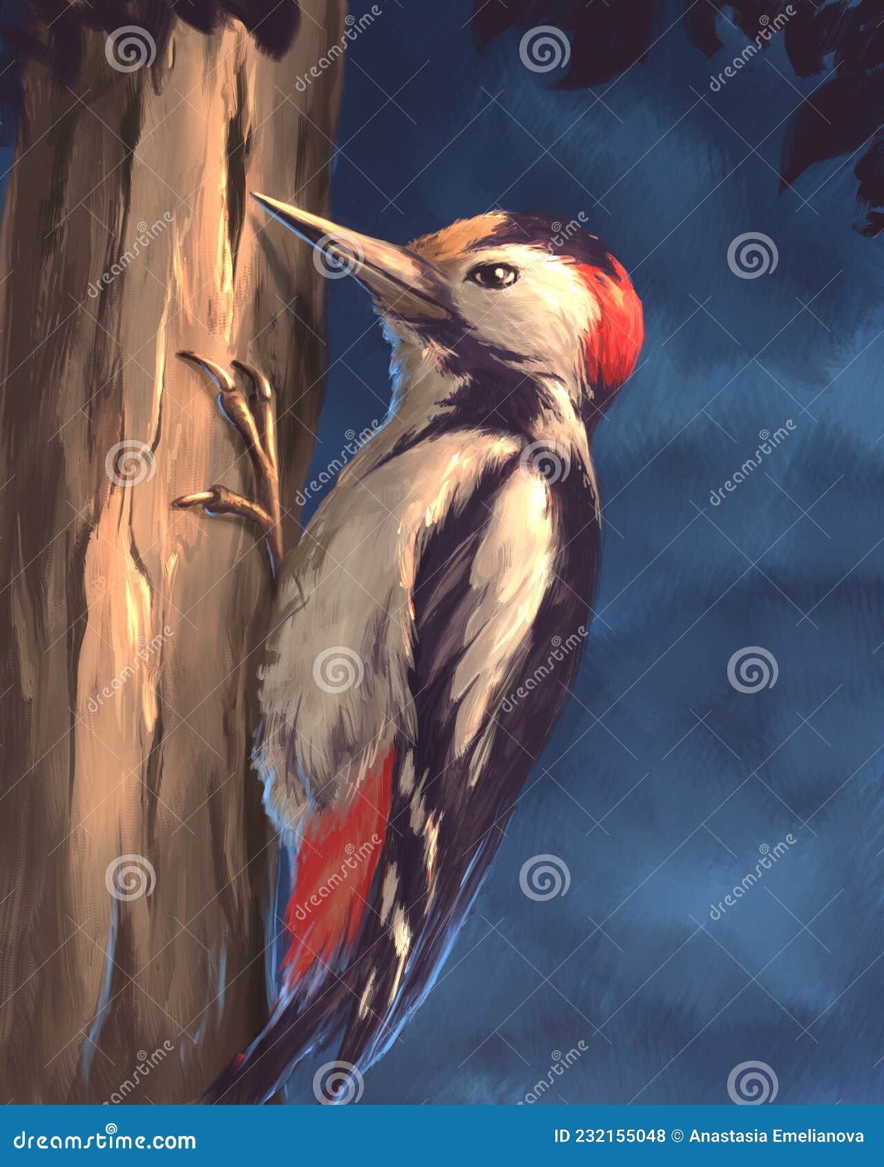 Beautiful Woodpecker at the Tree Stock Illustration - Illustration of ...