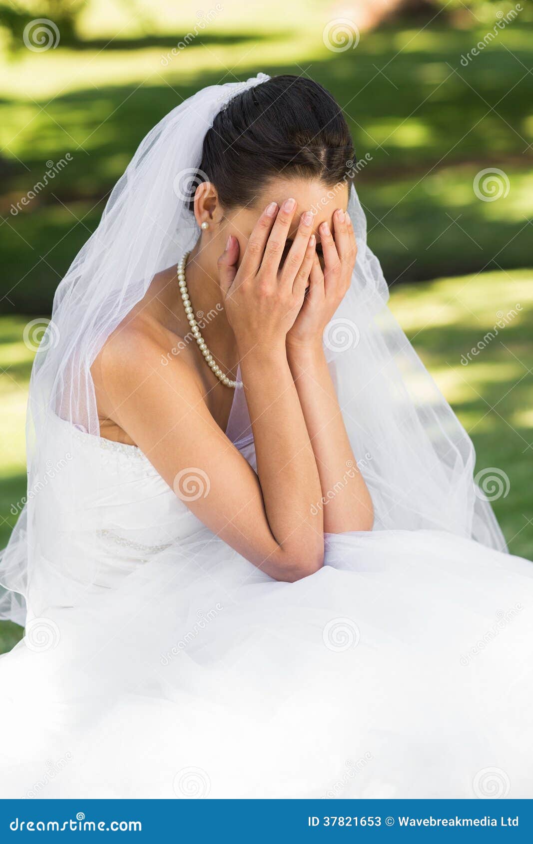 Beautiful Worried Bride Sitting at Park Stock Image - Image of troubled ...