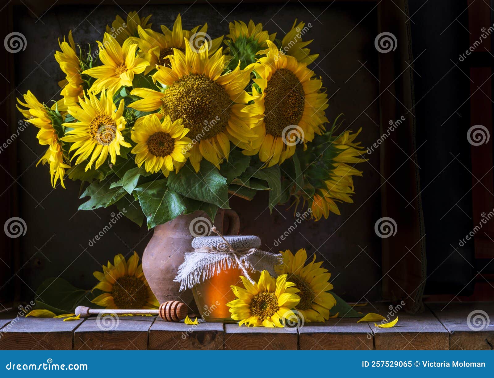 Beautiful Yellow Sunflower Still Life Bouquet In A Clay Jug Ceramic