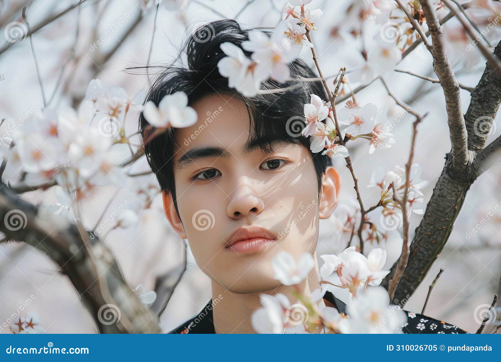 Beautiful Young Asian Man among Blossoming Sakura Trees Stock Image ...