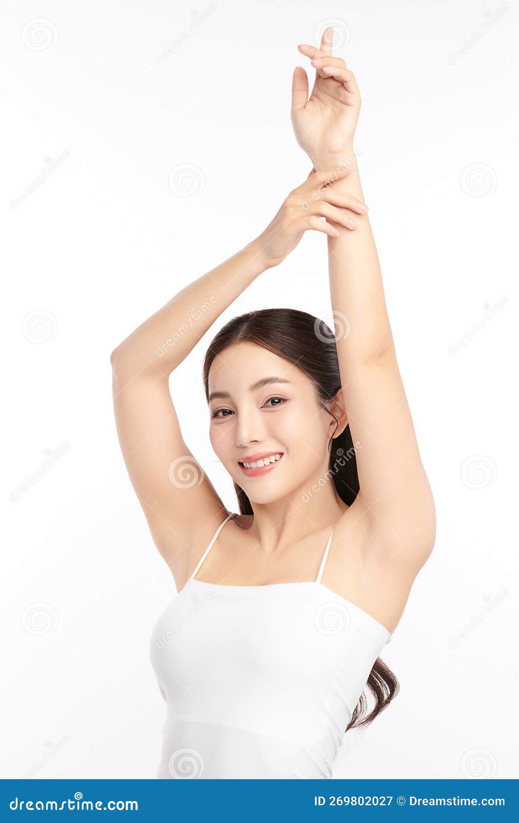 Beautiful Young Asian Woman Lifting Hands Up To Show Off Clean And