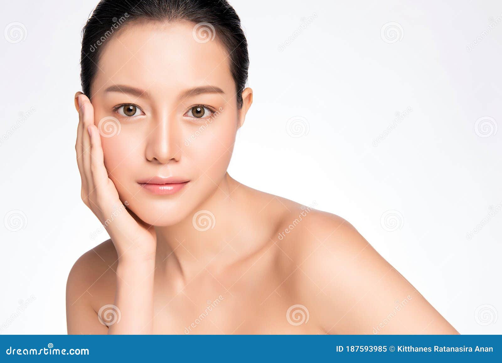 Beautiful Young Asian Woman Touching Her Clean Face With Fresh Healthy