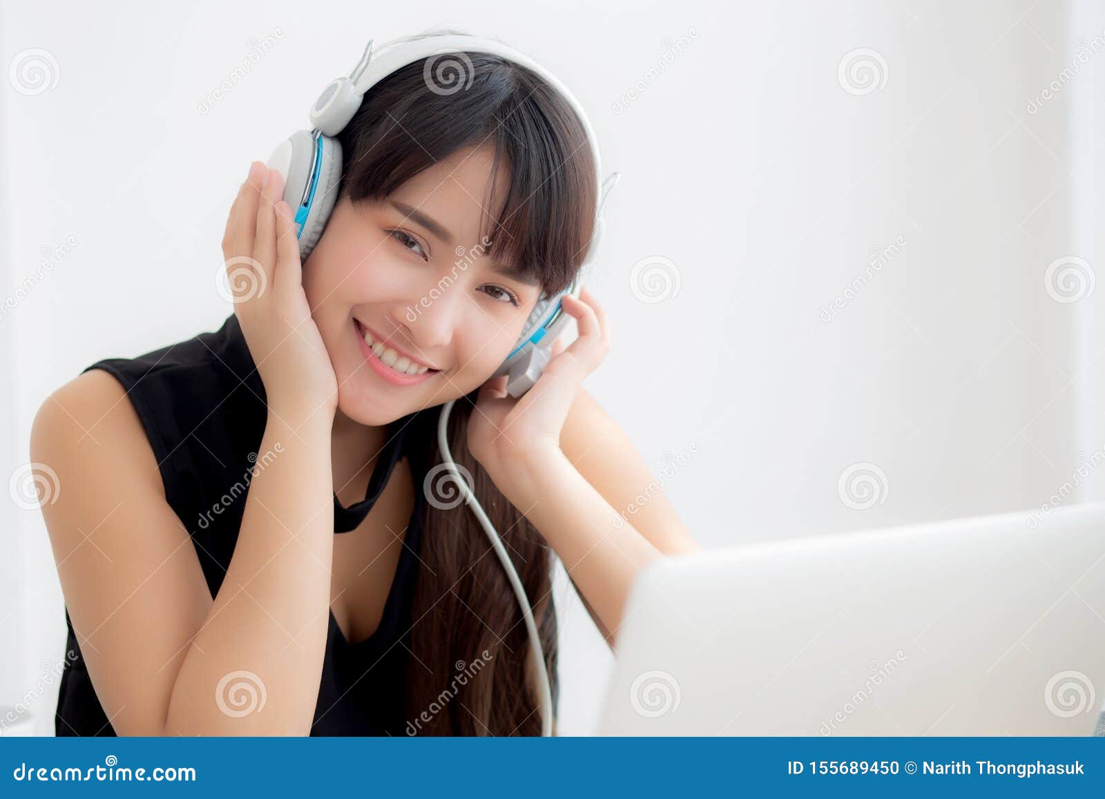 Beautiful Young Asian Woman Wear Headphone Smiling Say Hello Using Chat