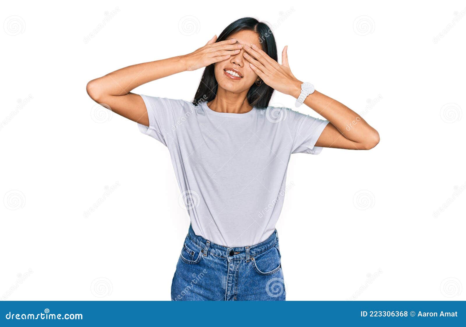 Beautiful Young Asian Woman Wearing Casual White T Shirt Covering Eyes