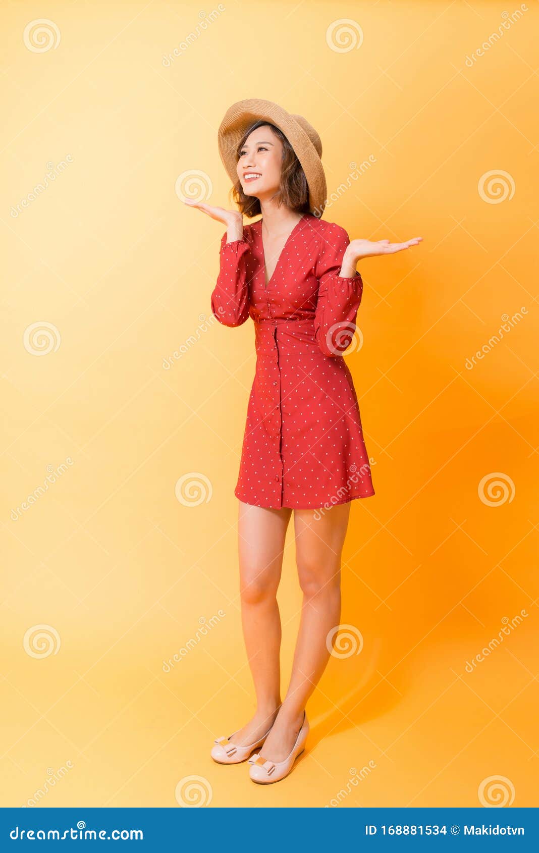 Beautiful Young Asian Woman Wearing A Straw Hats And Red Dress Over