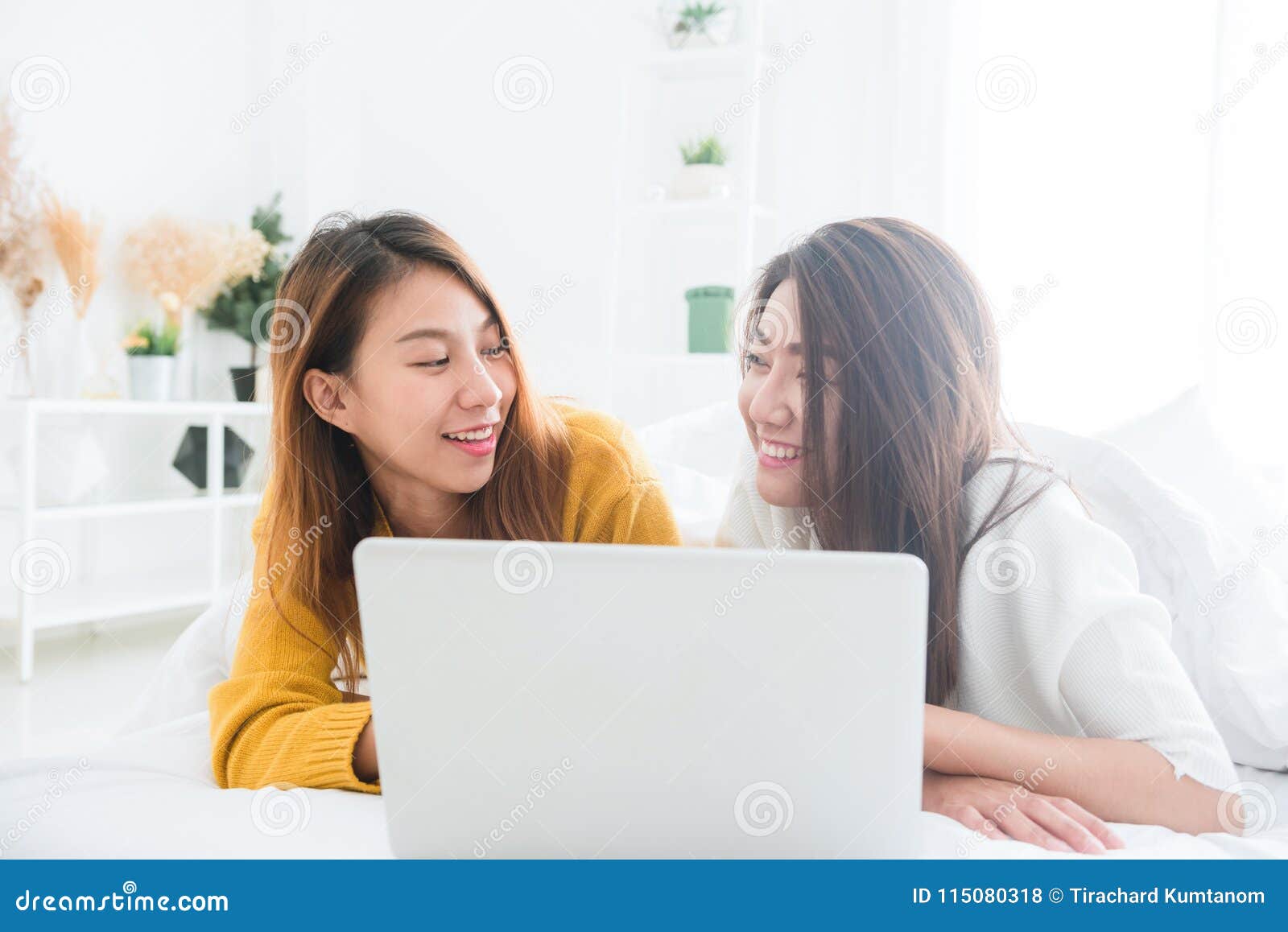 Beautiful Young Asian Women Lgbt Lesbian Happy Couple Sitting On Bed