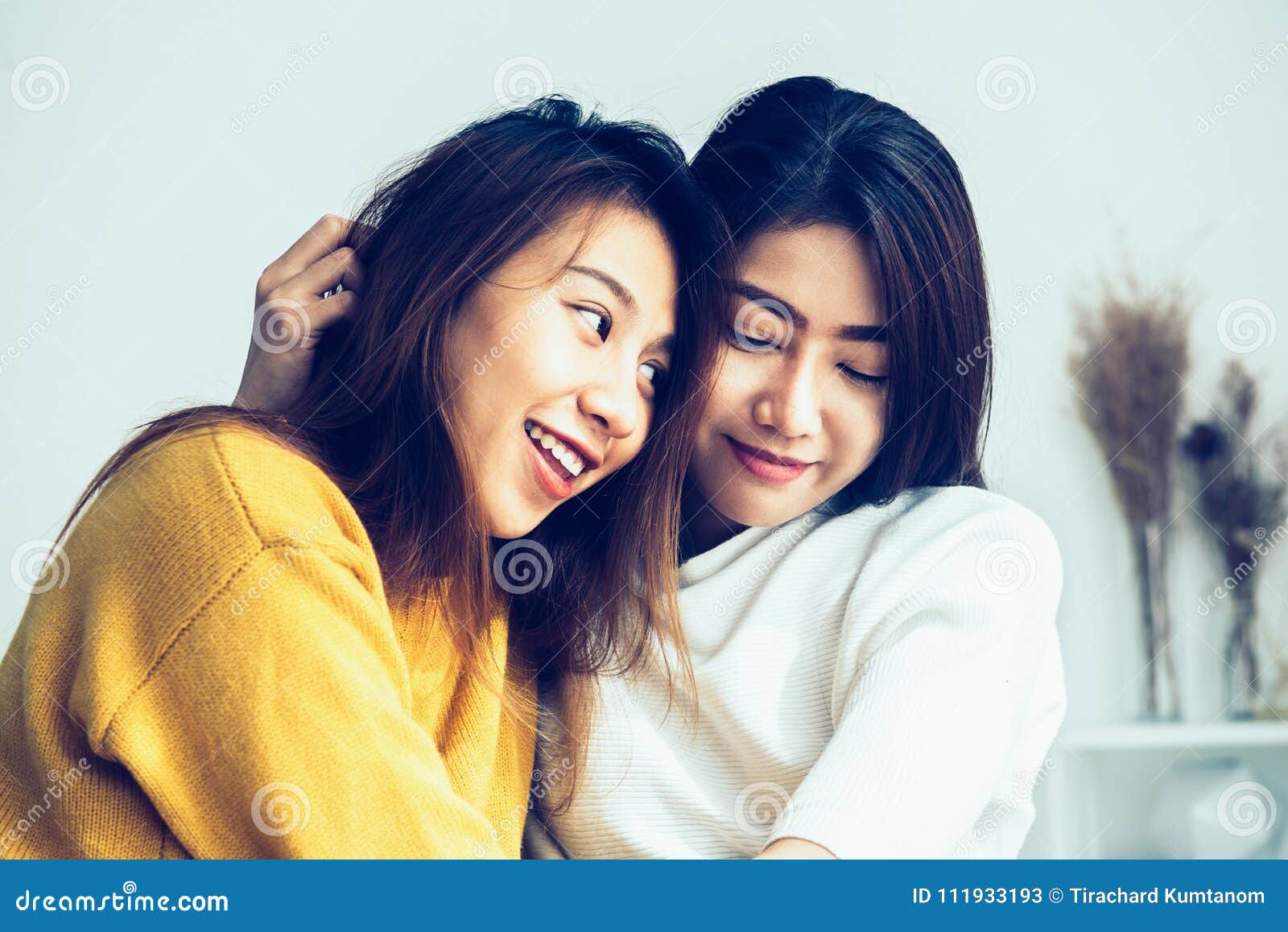 Beautiful Young Asian Women Lgbt Lesbian Happy Couple Sitting On Bed