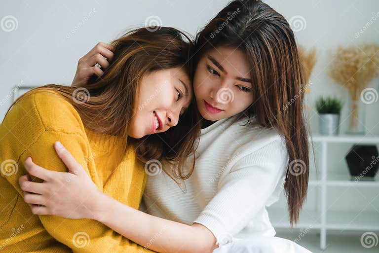 Beautiful Young Asian Women Lgbt Lesbian Happy Couple Sitting On Bed