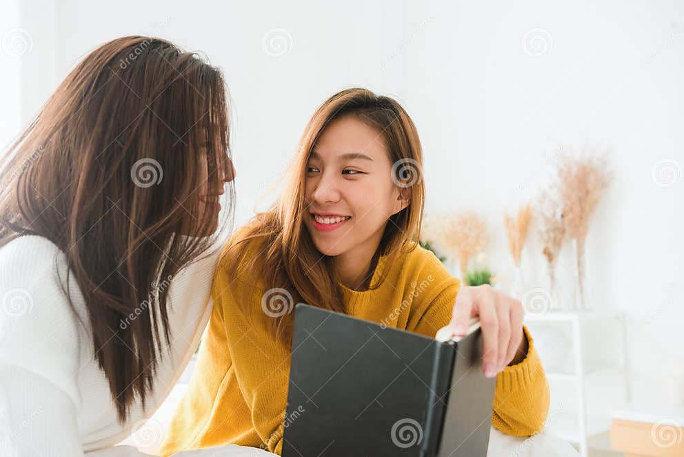 Beautiful Young Asian Women Lgbt Lesbian Happy Couple Sitting On Bed
