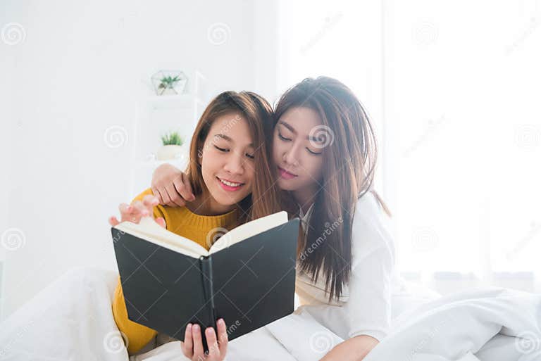 Beautiful Young Asian Women Lgbt Lesbian Happy Couple Sitting On Bed